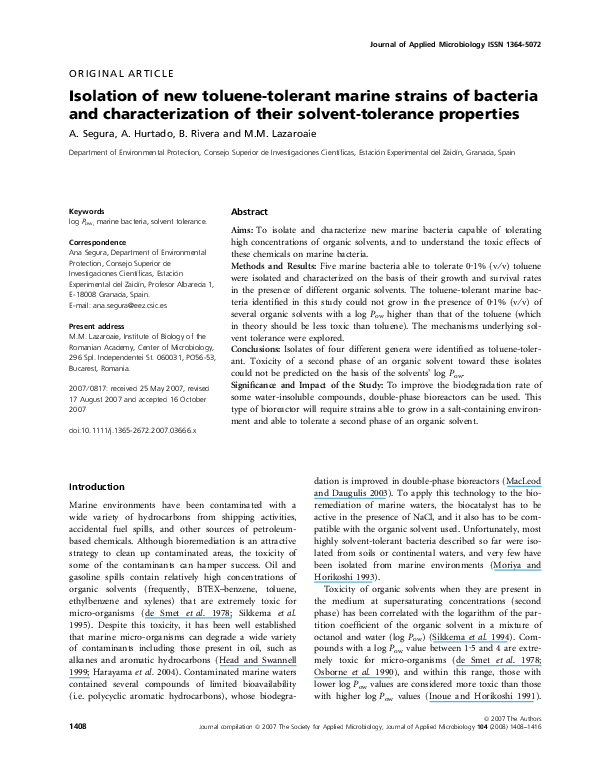 (PDF) Isolation of new toluene-tolerant marine strains of bacteria and characterization of their ...