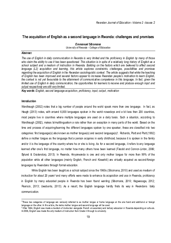 (PDF) The acquisition of English as a second language in Rwanda ...