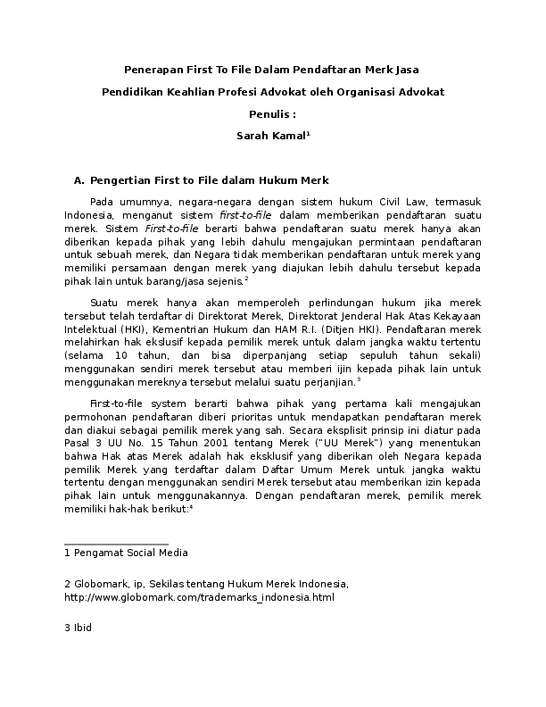 (DOC) Penerapan First To File Dalam Pendaftaran Merk Jasa
