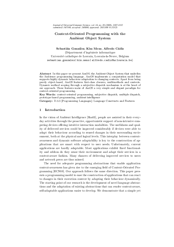 (PDF) Context-Oriented Programming with the Ambient Object System