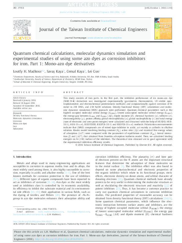 (PDF) Quantum chemical calculations, molecular dynamics simulation and experimental studies of ...