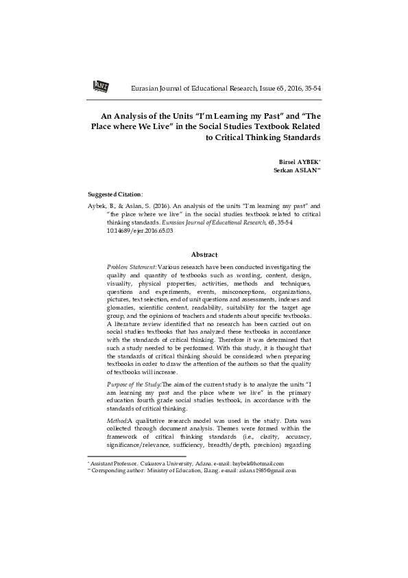 (PDF) Critical Thinking in Social Studies Textbooks
