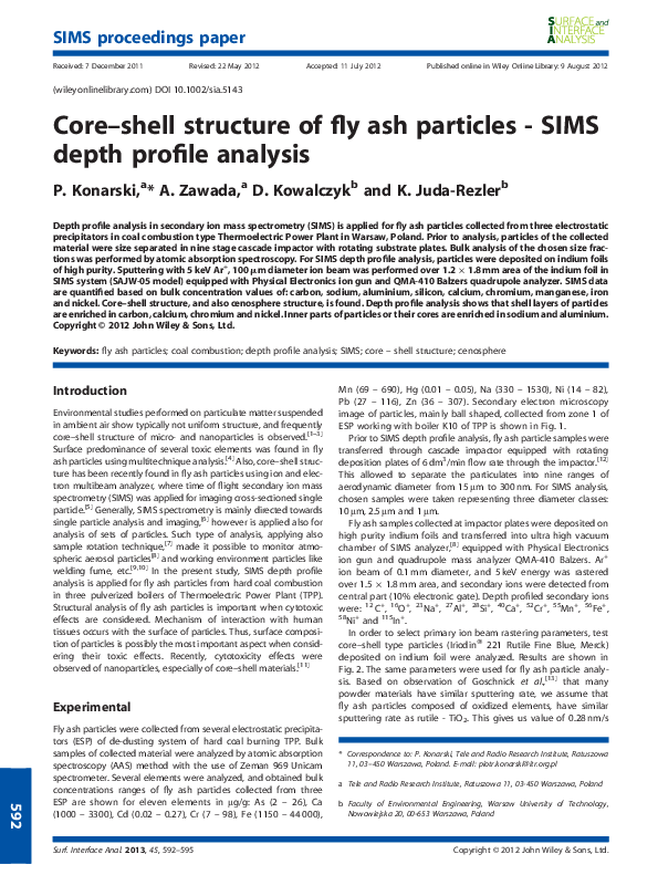 Core-shell structure of fly ash particles - SIMS depth profile analysis