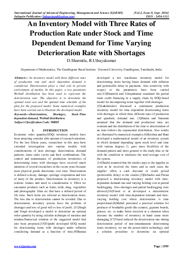 Pdf An Inventory Model With Three Rates Of Production Rate Under Stock And Time Dependent