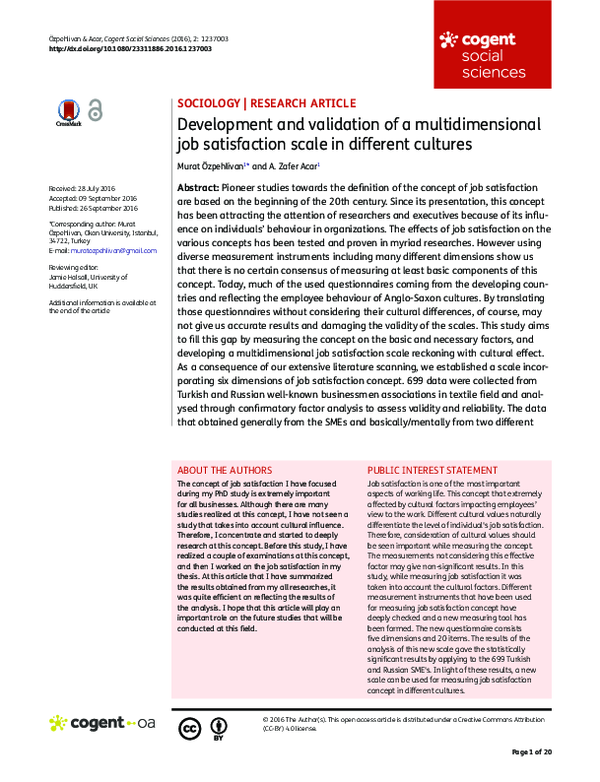 Pdf Development And Validation Of A Multidimensional Job Satisfaction Scale In Different Cultures