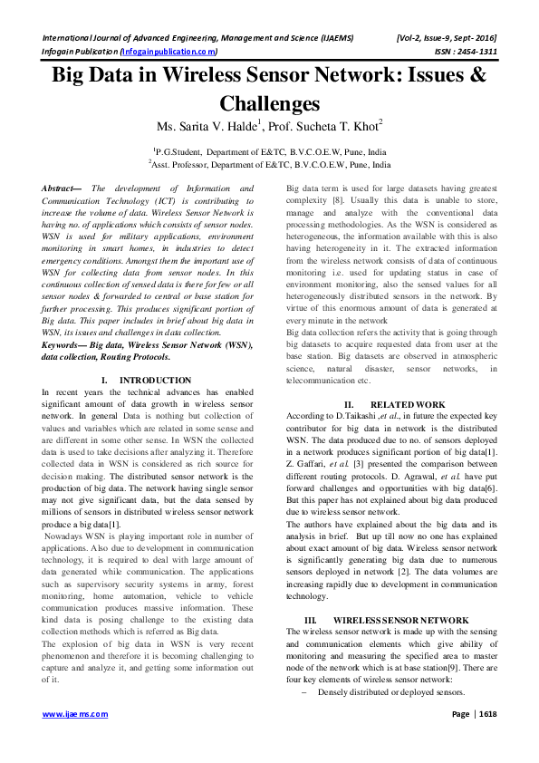 (PDF) Big Data in Wireless Sensor Network: Issues & Challenges