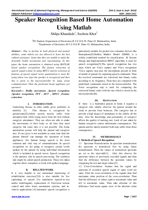 (PDF) Speaker Recognition Based Home Automation Using Matlab