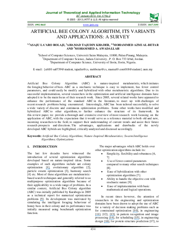 Pdf Artificial Bee Colony Algorithm Its Variants And Applications A Survey