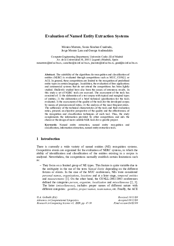 (PDF) Evaluation of Named Entity Extraction Systems