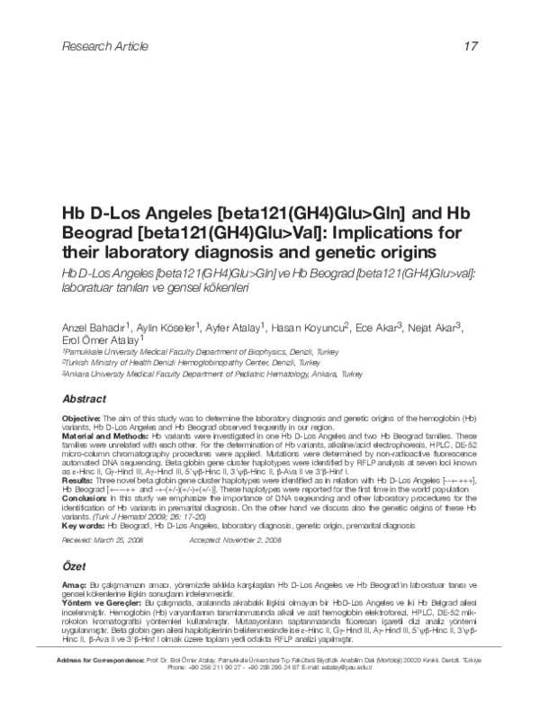 (PDF) Hb D-Los Angeles [beta121 (GH4) Glu> Gln] and Hb Beograd [beta121 ...