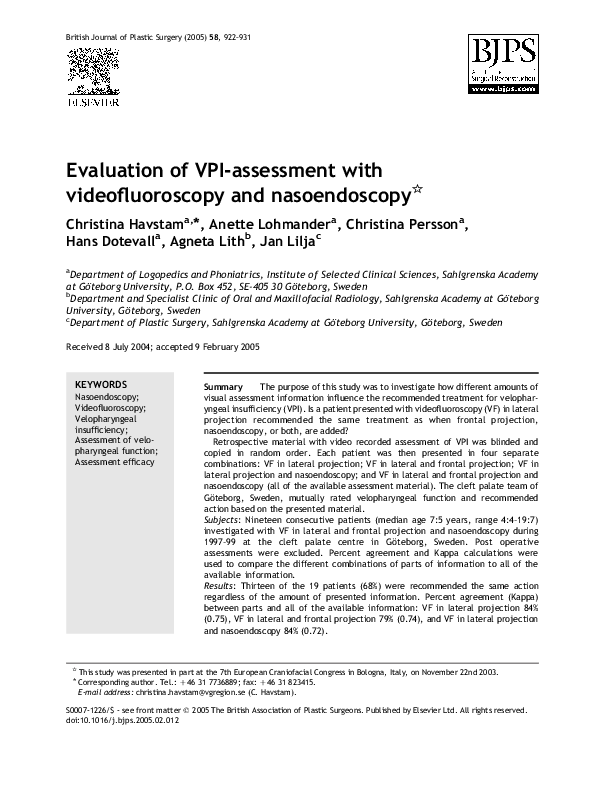 (PDF) Evaluation of VPI-assessment with videofluoroscopy and nasoendoscopy