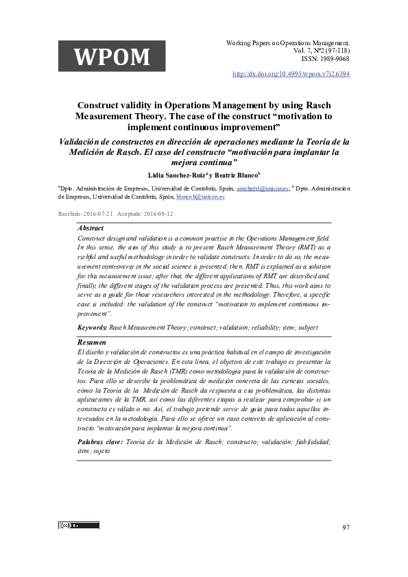 (PDF) Construct validity in Operations Management by using Rasch Measurement Theory. The case of ...