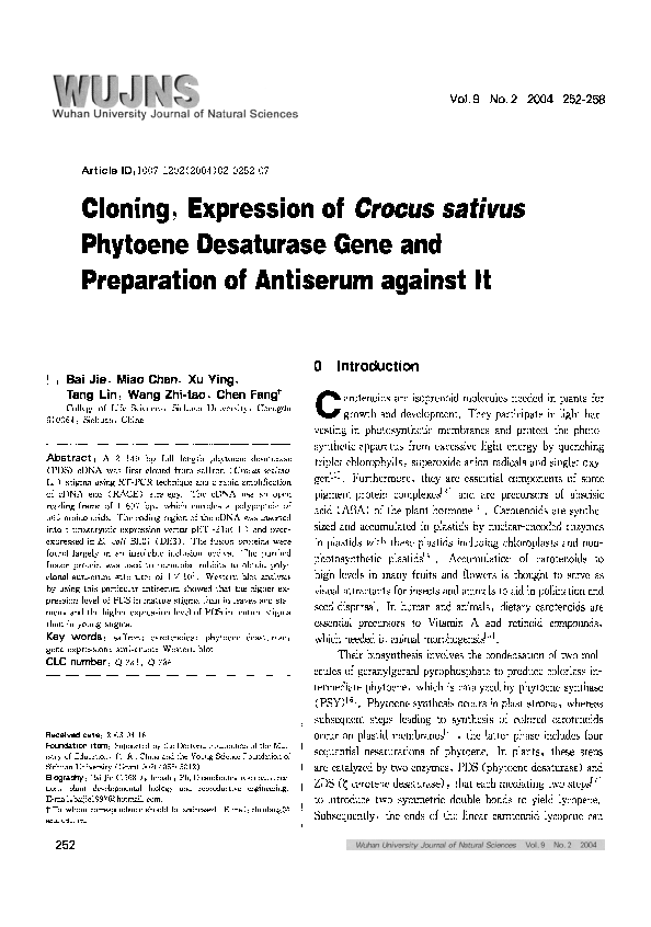(PDF) Cloning, expression of Crocus sativus phytoene desaturase gene ...