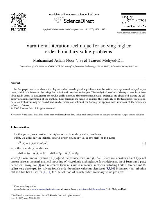 Pdf Variational Iteration Technique For Solving Higher Order Boundary Value Problems