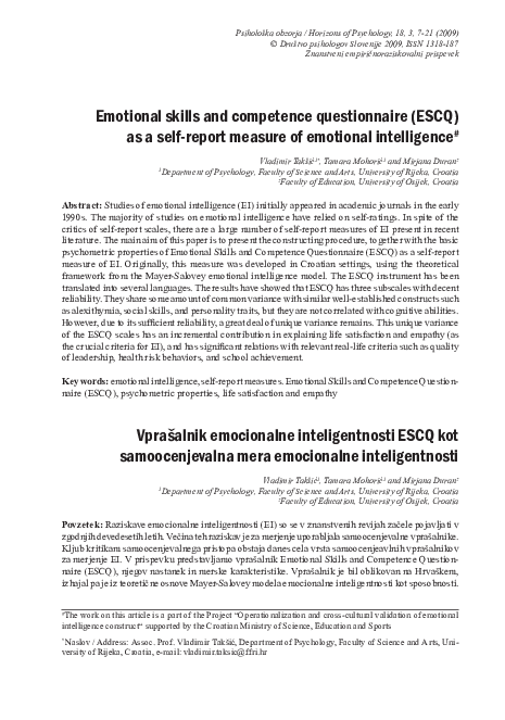 (PDF) Emotional skills and competence questionnaire (ESCQ) as a self ...