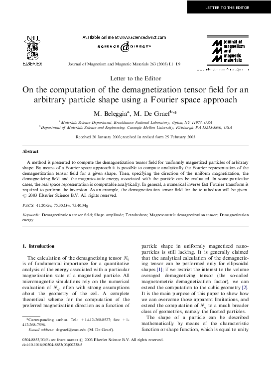 (PDF) On the computation of the demagnetization tensor field for an arbitrary particle shape ...