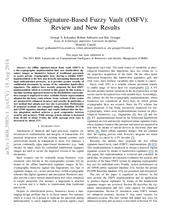 (PDF) Offline Signature-Based Fuzzy Vault (OSFV): Review and New Results