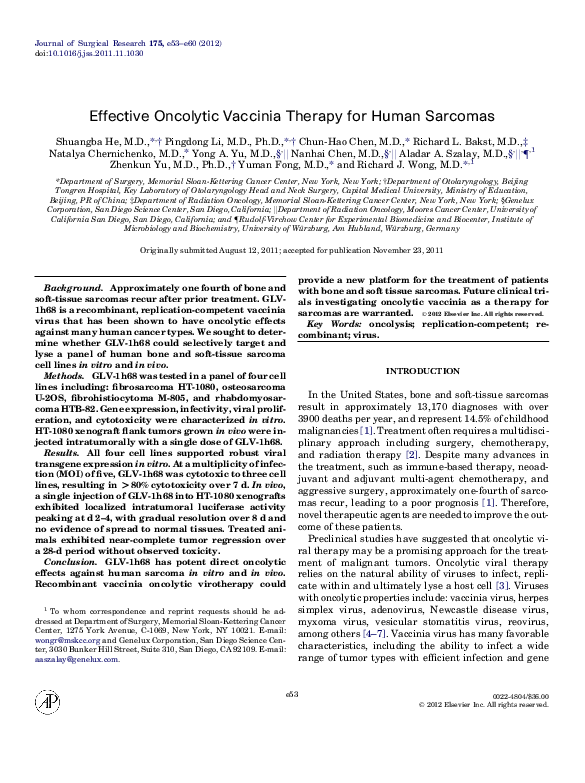 (PDF) Effective Oncolytic Vaccinia Therapy for Human Sarcomas