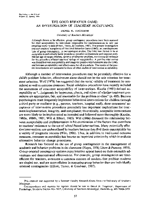 (PDF) The good behavior game: An investigation of teachers' acceptance