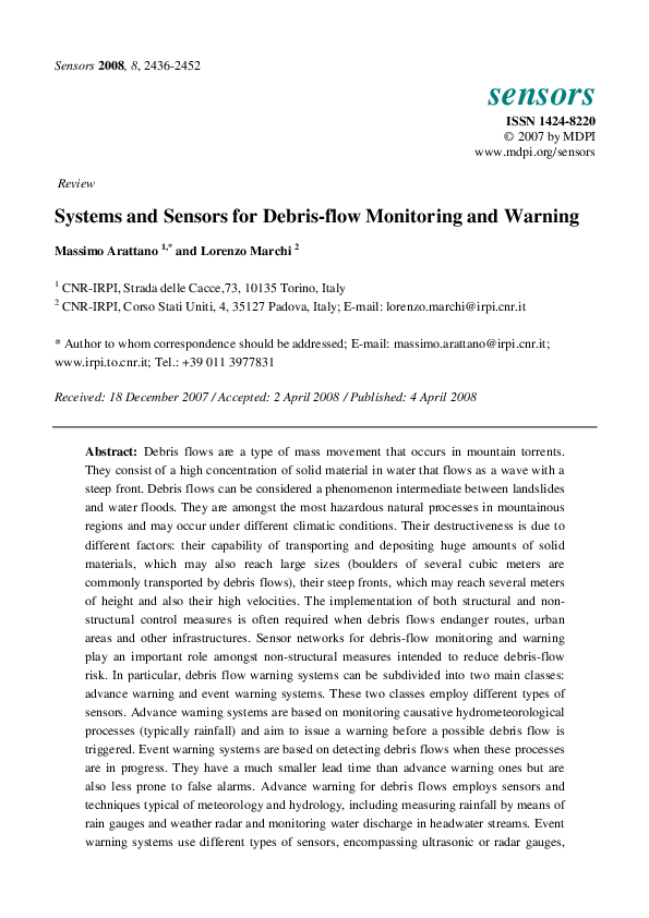 (PDF) Systems and Sensors for Debris-flow Monitoring and Warning