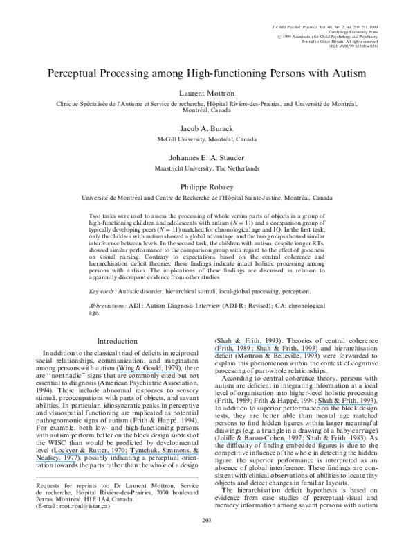 (PDF) Perceptual Processing among High-functioning Persons with Autism