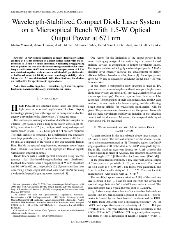 (PDF) Wavelength-Stabilized Compact Diode Laser System on a Microoptical Bench With 1.5-W ...