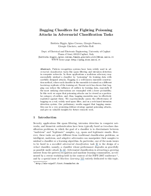 Pdf Bagging Classifiers For Fighting Poisoning Attacks In Adversarial Classification Tasks
