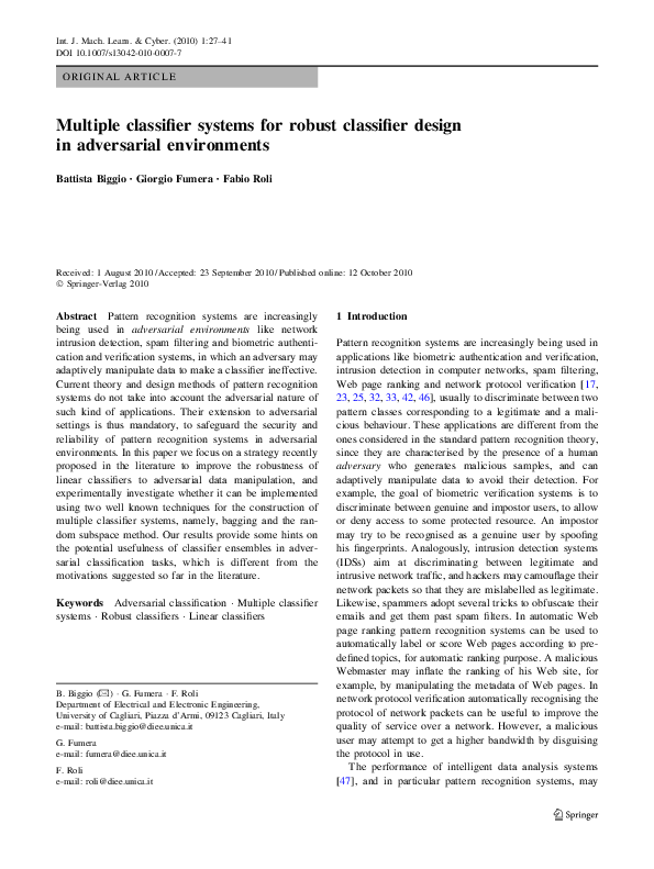 Pdf Multiple Classifier Systems For Robust Classifier Design In Adversarial Environments