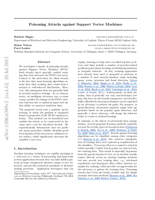 Pdf Poisoning Attacks Against Support Vector Machines