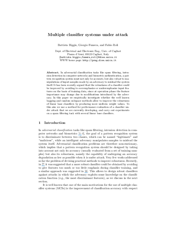 (PDF) Multiple Classifier Systems under Attack