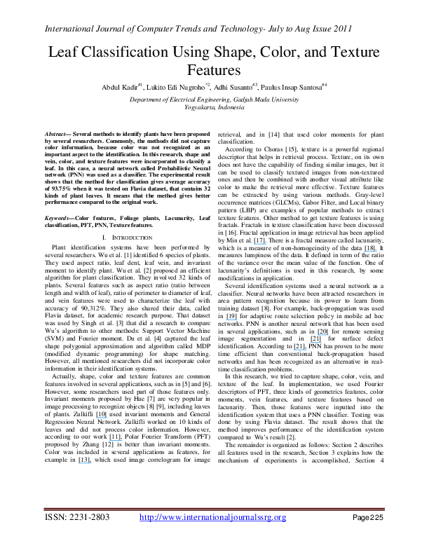 (PDF) Leaf Classification Using Shape, Color, and Texture Features