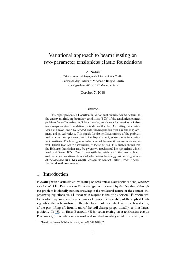 (PDF) Variational Approach to Beams Resting on Two-Parameter Tensionless Elastic Foundations