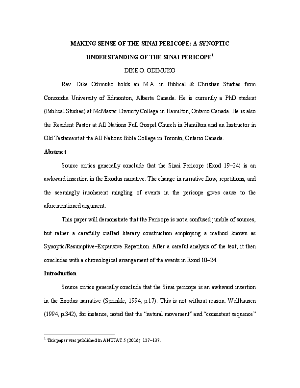 (PDF) MAKING SENSE OF THE SINAI PERICOPE: A SYNOPTIC UNDERSTANDING OF ...