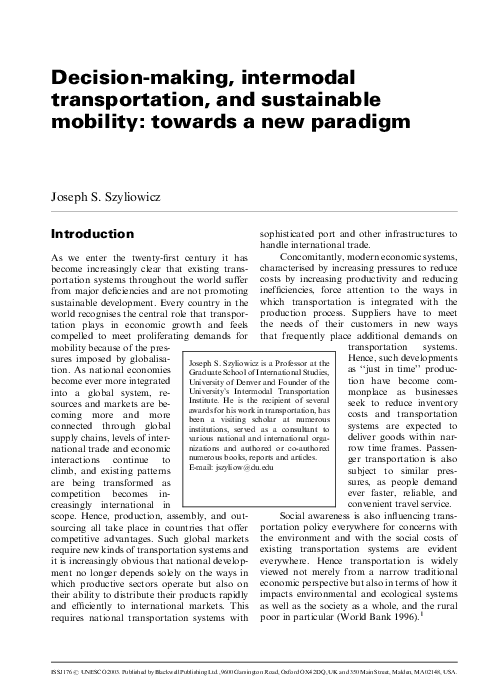 Pdf Decision Making Intermodal Transportation And Sustainable Mobility Towards A New Paradigm