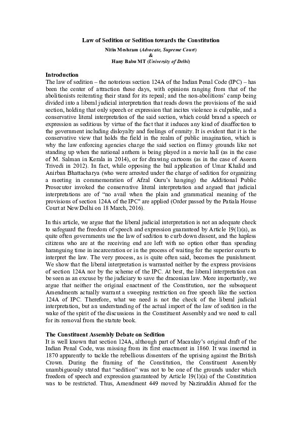 (PDF) Law of Sedition or Sedition towards the Constitution