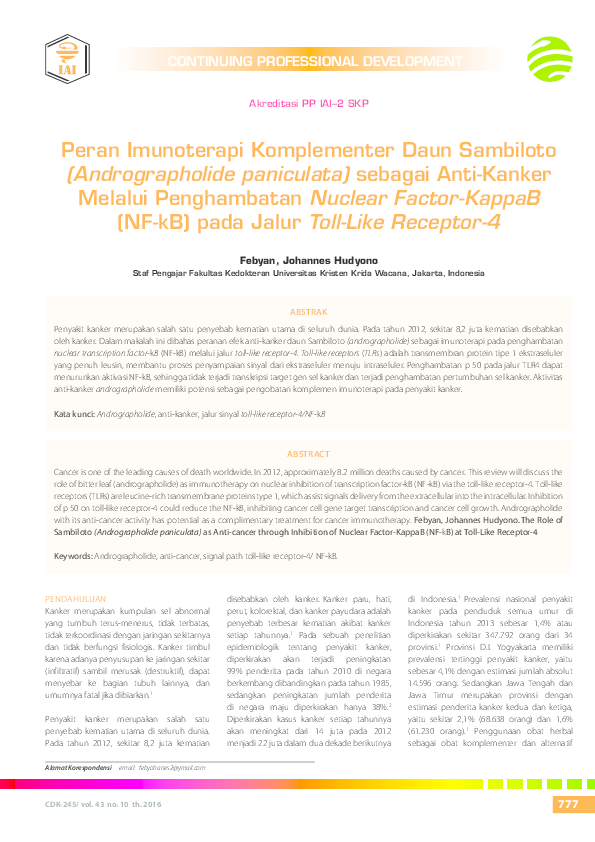 Peran Imunoterapi Komplementer Daun Sambiloto Andrographolide Paniculata Sebagai Anti Kanker
