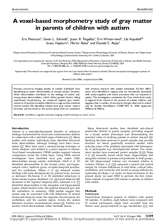 (PDF) A voxel-based morphometry study of gray matter in parents of children with autism
