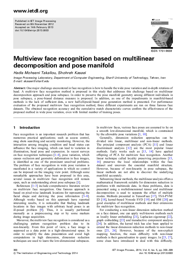 (PDF) Multiview face recognition based on multilinear decomposition and pose manifold