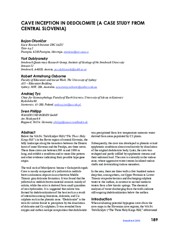 (PDF) Cave inception in dedolomite (A case study from central Slovenia)