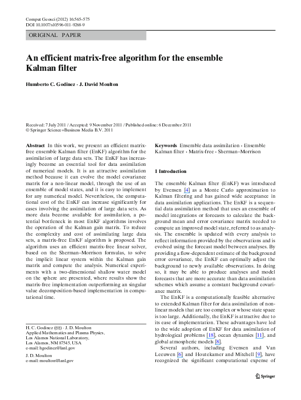 Pdf An Efficient Matrix Free Algorithm For The Ensemble Kalman Filter