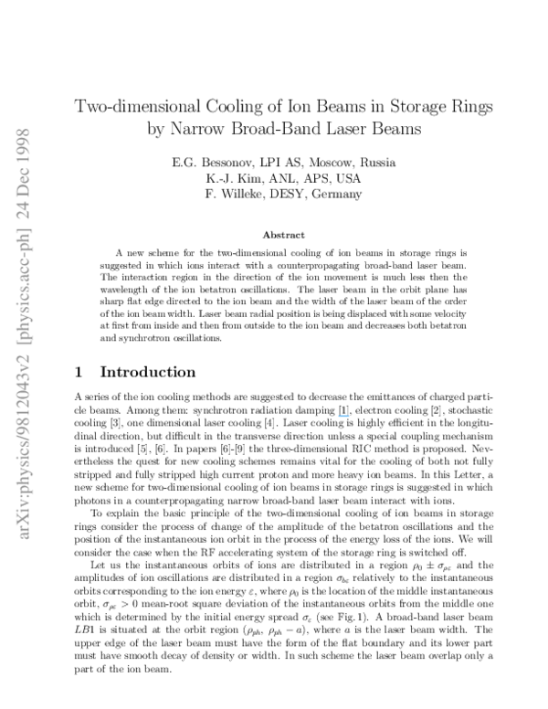 (PDF) Two-dimensional Cooling of Ion Beams in Storage Rings by Narrow ...