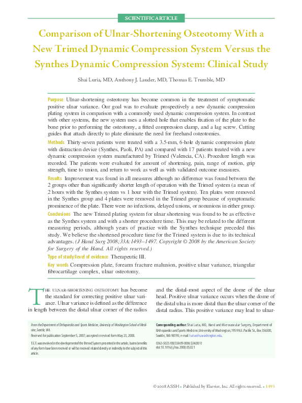 (PDF) Comparison of Ulnar-Shortening Osteotomy With a New Trimed ...
