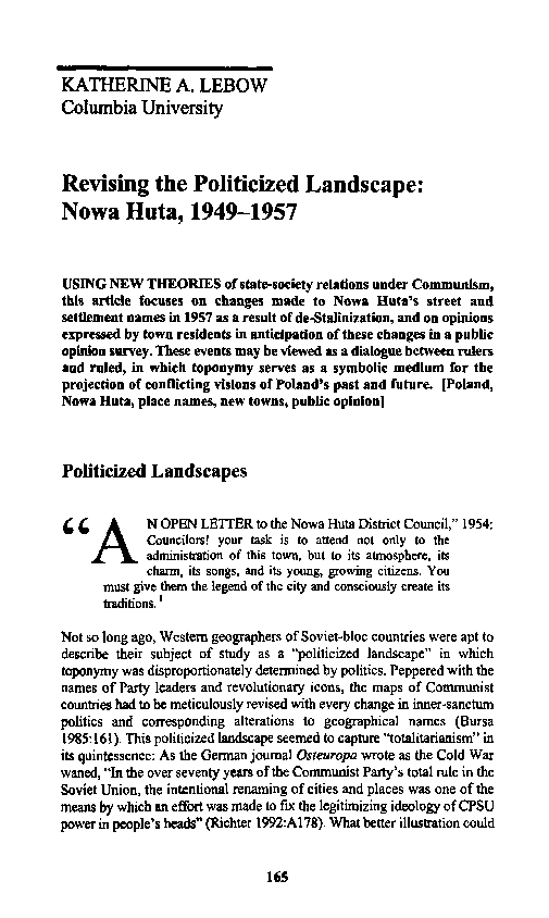 (PDF) Revising the Politicized Landscape Nowa Huta, 1949-1957