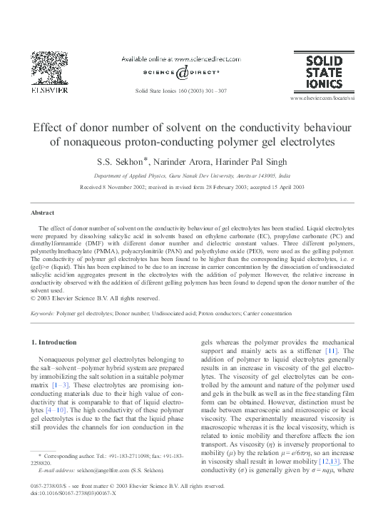(PDF) Effect of donor number of solvent on the conductivity behaviour ...