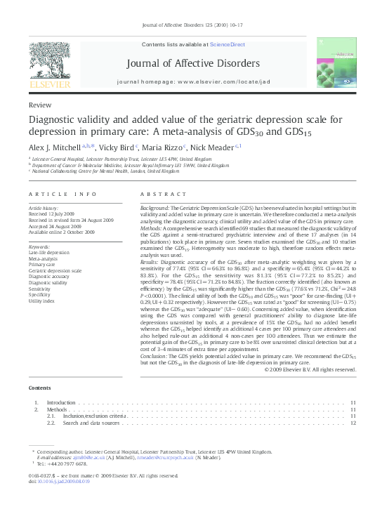 (PDF) Diagnostic validity and added value of the geriatric depression ...