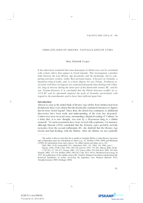 (PDF) "Uhha-ziti, King of Arzawa: Tantalus, King of Lydia", Talanta 46 ...