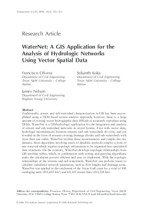 (PDF) WaterNet: A GIS Application for the Analysis of Hydrologic Networks Using Vector Spatial Data
