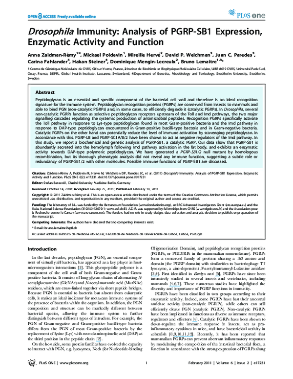 (PDF) Drosophila Immunity: Analysis of PGRP-SB1 Expression, Enzymatic ...