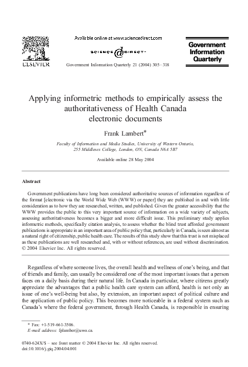 (PDF) Applying informetric methods to empirically assess the authoritativeness of Health Canada ...