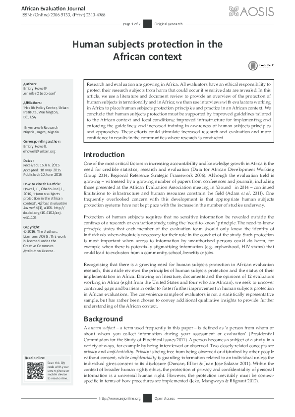 (PDF) Human subjects protection in the African context